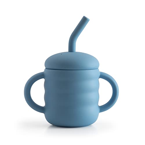 Cute 2-1 Silicone Straw Sippy Cup with Stopper - 5.4 OZ Spill-proof Sippy Cups for Baby 6+ Months w/ Dbl Handles, Grooved Body & Angled Straw for Fun & Safe Drinking - Includes Cleaning Brush - Blue