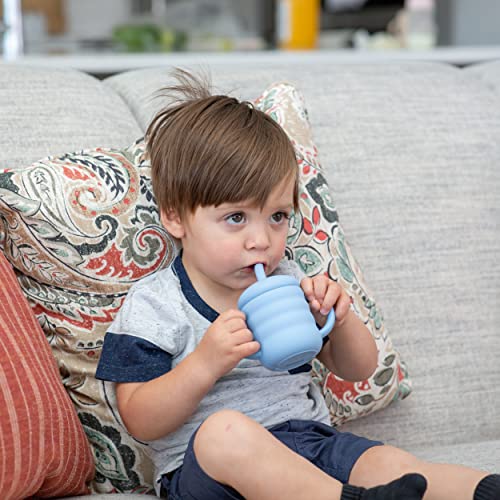 Cute 2-1 Silicone Straw Sippy Cup with Stopper - 5.4 OZ Spill-proof Sippy Cups for Baby 6+ Months w/ Dbl Handles, Grooved Body & Angled Straw for Fun & Safe Drinking - Includes Cleaning Brush - Blue