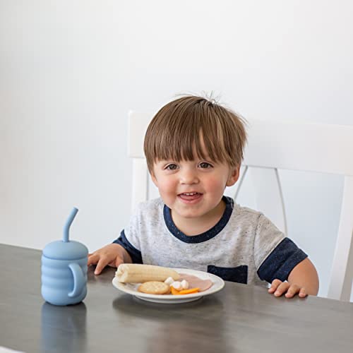 Cute 2-1 Silicone Straw Sippy Cup with Stopper - 5.4 OZ Spill-proof Sippy Cups for Baby 6+ Months w/ Dbl Handles, Grooved Body & Angled Straw for Fun & Safe Drinking - Includes Cleaning Brush - Blue