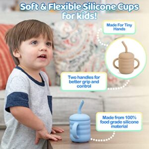 Cute 2-1 Silicone Straw Sippy Cup with Stopper - 5.4 OZ Spill-proof Sippy Cups for Baby 6+ Months w/ Dbl Handles, Grooved Body & Angled Straw for Fun & Safe Drinking - Includes Cleaning Brush - Blue