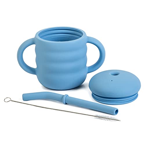 Cute 2-1 Silicone Straw Sippy Cup with Stopper - 5.4 OZ Spill-proof Sippy Cups for Baby 6+ Months w/ Dbl Handles, Grooved Body & Angled Straw for Fun & Safe Drinking - Includes Cleaning Brush - Blue