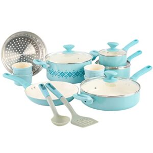 spice by tia mowry savory saffron 16-piece healthy nonstick ceramic cookware set - aqua blue