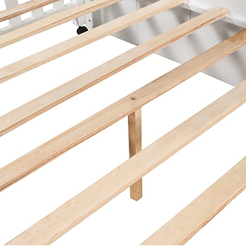 VilroCaz Wooden Twin Over Full Bunk Bed with 6 Drawers and Adjustable Shelves, L-Shape Full Platform Bed with Wheel, Modern Bunk Bed Frame with Ladders and Full Guardrails (White)