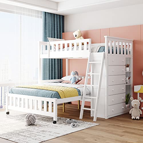 VilroCaz Wooden Twin Over Full Bunk Bed with 6 Drawers and Adjustable Shelves, L-Shape Full Platform Bed with Wheel, Modern Bunk Bed Frame with Ladders and Full Guardrails (White)