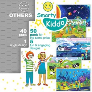 Smarty Kiddo 50 Pack Disposable Stick-On Placemats for Baby, 5 Designs Individually Folded - Farm, Sea World, Zoo, Antarctica & Space - Sticky Table Topper for Baby & Kids, Toddlers