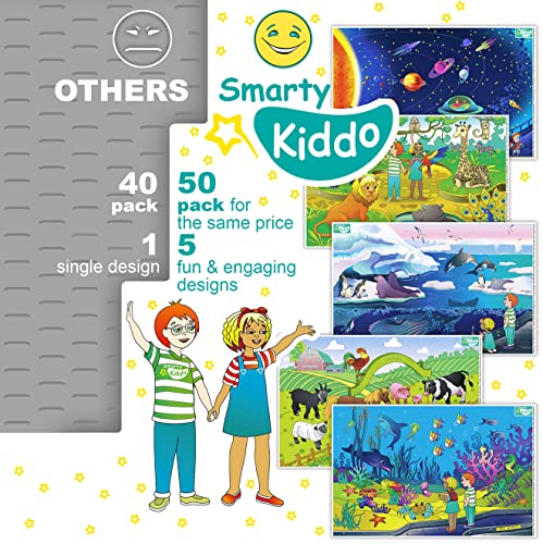 Smarty Kiddo 50 Pack Disposable Stick-On Placemats for Baby, 5 Designs Individually Folded - Farm, Sea World, Zoo, Antarctica & Space - Sticky Table Topper for Baby & Kids, Toddlers