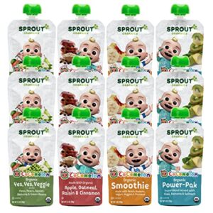 sprout foods cocomelon sprout organic baby food, yes yes veggie, apple oatmeal raisin, peach banana smoothie, kiwi banana spinach, variety pack, 3.5 oz (pack of 12)