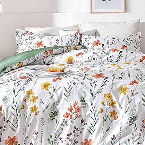 Floral Duvet Cover Full Size - White Yellow Flowers and Green Leaf Spring Botanical Printed Microfiber Comforter Cover Set - 3PC 80X90 Soft and Lightweight Quilt Cover, Farmhouse Style for Women Men