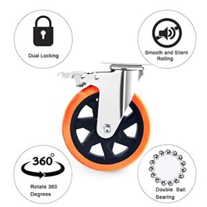 6" Swivel Plate Casters Wheels with Screw Safety Dual Locking and Polyurethane Foam No Noise Wheels,Heavy Duty-550 Lbs Per Caster