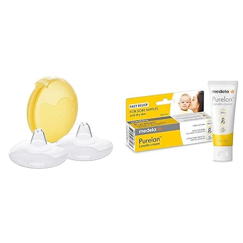 Medela Latch & Protect Bundle | 2 Count 24mm Medium Nipple Shields with Carrying Case & Purelan Lanolin Nipple Cream | Purelan to Protect Against Cracked Nipples | Shields to Support Latch Issues