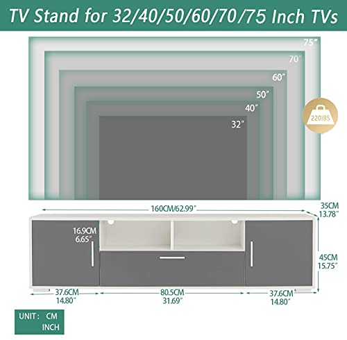 SOLBAKUILT Modern White and Grey TV Stand for 55+/65+/70/75 Inch TV, Quick Installation of The Entertainment Center, Media Gaming Console, LED Light TV Table with Storage for Bedroom & Living Room