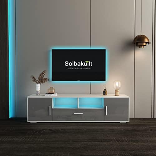 SOLBAKUILT Modern White and Grey TV Stand for 55+/65+/70/75 Inch TV, Quick Installation of The Entertainment Center, Media Gaming Console, LED Light TV Table with Storage for Bedroom & Living Room