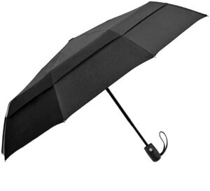 brookstone compact umbrella with flashlight for dark nights,weather resistant, water proof ,light and portable for purse,car,backpack, travel size, fits in bag,convenient & led flashlight, automatic button to open and rotatable shaft handheld for easy gri