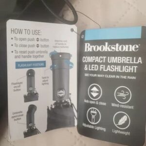 Brookstone Compact Umbrella with Flashlight for Dark Nights,Weather Resistant, Water Proof ,Light and Portable for Purse,Car,Backpack, Travel Size, Fits in Bag,Convenient & Led Flashlight, Automatic button to open and rotatable shaft handheld for easy gri