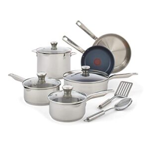 t-fal platinum stainless steel with nonstick pan cookware set 12 piece induction pots and pans, dishwasher safe silver