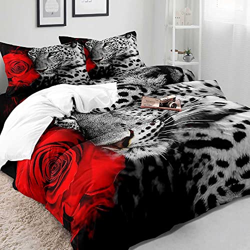 VIVIHOME 3PCS Leopard Duvet Cover, King Duvet Cover, Romantic Red Rose Bedding, Black and White Bedding, Floral Duvet Cover, Safari Wild Animal Cheetah Duvet Cover Quilt Comforter Cover, 2 Pillowcases