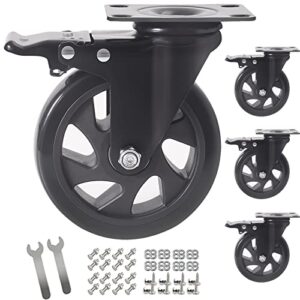 5 inch swivel caster wheels set of 4, heavy duty casters with brake, polyurethane locking casters for cart, workbench and trolley-load 2200lbs, black(two hardware kits)