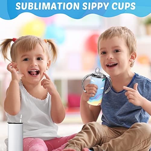 Potchen 4 Sets 12 oz Sublimation Blanks Sippy Cup Kids Sublimation Tumblers with Handles Insulated Stainless Steel Sippy Cup with Lids and Straws, 2 Heat Tape, 4 Sublimation Coating for Water Milk