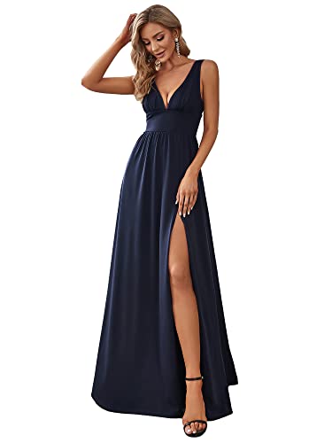 Ever-Pretty Women's Deep V-Neck Long High Elastic Knit Long Plain Evening Dresses Bridesmaid Dress Navy Blue US8