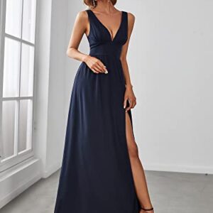 Ever-Pretty Women's Deep V-Neck Long High Elastic Knit Long Plain Evening Dresses Bridesmaid Dress Navy Blue US8