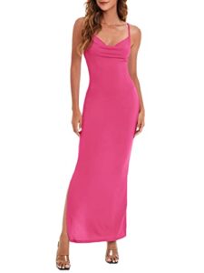 verdusa women's cowl neck split side spaghetti strap long cami dress hot pink s