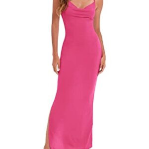 Verdusa Women's Cowl Neck Split Side Spaghetti Strap Long Cami Dress Hot Pink S