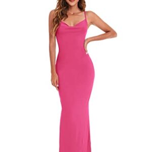 Verdusa Women's Cowl Neck Split Side Spaghetti Strap Long Cami Dress Hot Pink S