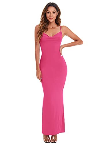 Verdusa Women's Cowl Neck Split Side Spaghetti Strap Long Cami Dress Hot Pink S