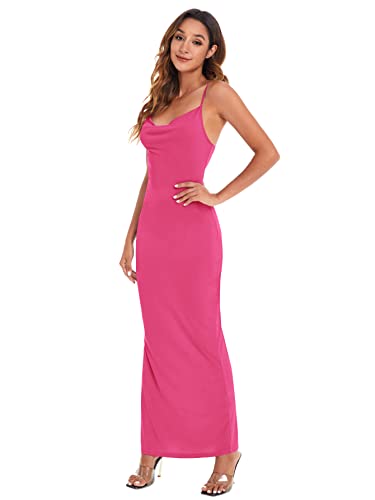 Verdusa Women's Cowl Neck Split Side Spaghetti Strap Long Cami Dress Hot Pink S