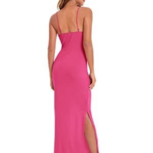 Verdusa Women's Cowl Neck Split Side Spaghetti Strap Long Cami Dress Hot Pink S