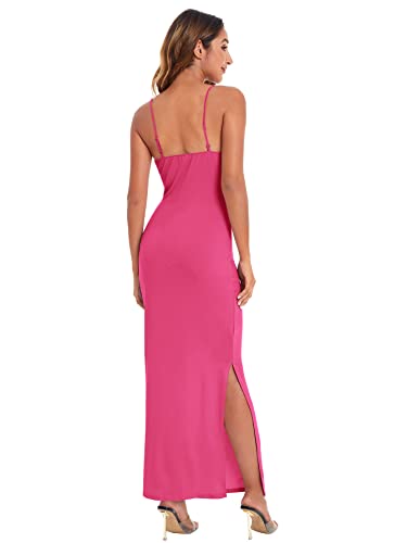 Verdusa Women's Cowl Neck Split Side Spaghetti Strap Long Cami Dress Hot Pink S