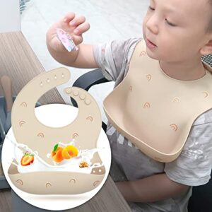 Santi & Me Baby Feeding Set Divided Plate with Suction, Adjustable Silicone Bib, Toddler Training Sippy Cup with Straw, Baby Led Weaning Spoon, Rainbow Plate Dishes and Utensils Set(Beige)