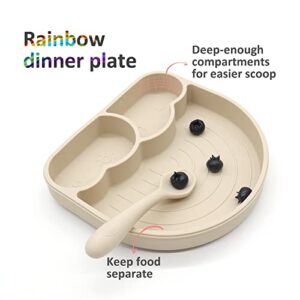 Santi & Me Baby Feeding Set Divided Plate with Suction, Adjustable Silicone Bib, Toddler Training Sippy Cup with Straw, Baby Led Weaning Spoon, Rainbow Plate Dishes and Utensils Set(Beige)