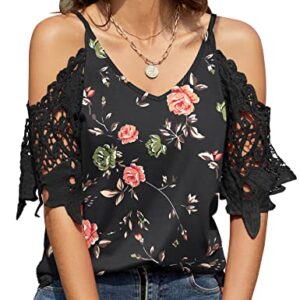 TFSDOD Print Cold Shoulder Tops for Women V Neck Lace Cutout Tunics Shirts Casual Strap Short Sleeve Shirts Black Red Floral XLarge