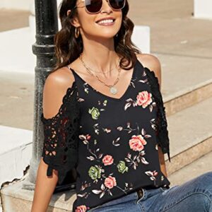 TFSDOD Print Cold Shoulder Tops for Women V Neck Lace Cutout Tunics Shirts Casual Strap Short Sleeve Shirts Black Red Floral XLarge