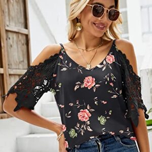 TFSDOD Print Cold Shoulder Tops for Women V Neck Lace Cutout Tunics Shirts Casual Strap Short Sleeve Shirts Black Red Floral XLarge