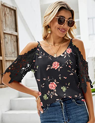 TFSDOD Print Cold Shoulder Tops for Women V Neck Lace Cutout Tunics Shirts Casual Strap Short Sleeve Shirts Black Red Floral XLarge