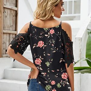 TFSDOD Print Cold Shoulder Tops for Women V Neck Lace Cutout Tunics Shirts Casual Strap Short Sleeve Shirts Black Red Floral XLarge