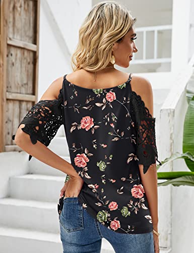 TFSDOD Print Cold Shoulder Tops for Women V Neck Lace Cutout Tunics Shirts Casual Strap Short Sleeve Shirts Black Red Floral XLarge