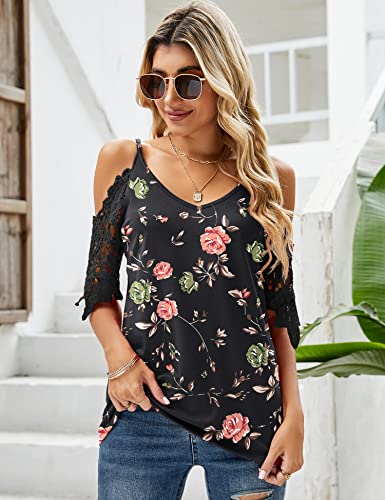 TFSDOD Print Cold Shoulder Tops for Women V Neck Lace Cutout Tunics Shirts Casual Strap Short Sleeve Shirts Black Red Floral XLarge