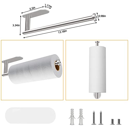 Paper Towel Holder Under Cabinet, New Upgrade Double Rod Bearing Self-Adhesive or Drilling Wall Mounted Paper Towels Rolls Holder for Kitchen,Stainless Steel