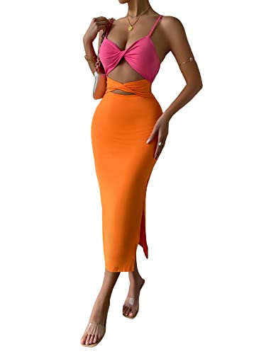 WDIRARA Women's Twist Front Split Thigh Bodycon Dress Cut Out Sleeveless Long Dresses Pink Orange XS