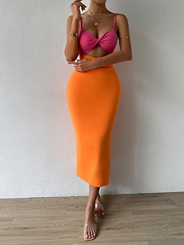 WDIRARA Women's Twist Front Split Thigh Bodycon Dress Cut Out Sleeveless Long Dresses Pink Orange XS