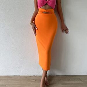 WDIRARA Women's Twist Front Split Thigh Bodycon Dress Cut Out Sleeveless Long Dresses Pink Orange XS