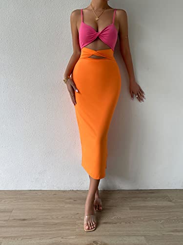 WDIRARA Women's Twist Front Split Thigh Bodycon Dress Cut Out Sleeveless Long Dresses Pink Orange XS