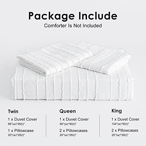 WARMDERN White Boho Duvet Cover Set King Size, Striped Textured Duvet Cover Tufted Bedding Set, 3 Pcs Ultra Soft Washed Microfiber Duvet Cover with Zipper Closure (King, White)