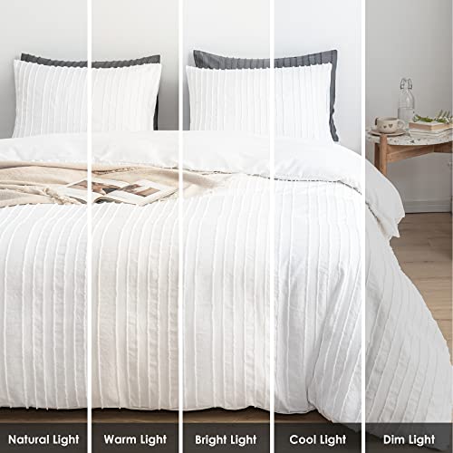 WARMDERN White Boho Duvet Cover Set King Size, Striped Textured Duvet Cover Tufted Bedding Set, 3 Pcs Ultra Soft Washed Microfiber Duvet Cover with Zipper Closure (King, White)