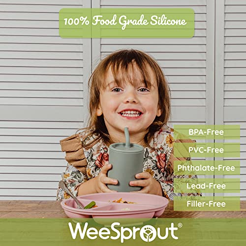 WeeSprout Silicone Baby Drinking Cup with Straws and Lids, 4 Ounces Options, Set of 2 Food Grade Toddler Training, Built In Straw Stoppers, Measurement Markings (Matte Blue, Matte Green)