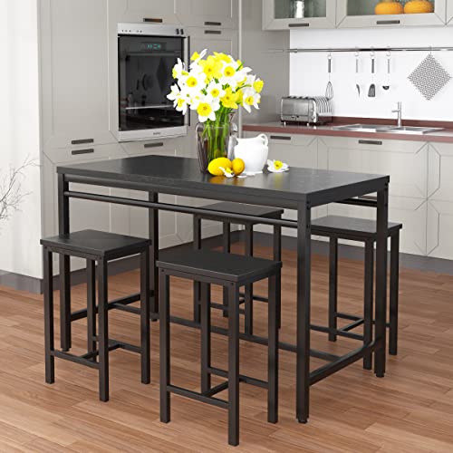 AWQM Counter Height Dining Set, Industrial Kitchen Table and Chairs for 4 with Pub Table and 4 Bar Stools, 5 Piece Bar Table Set for Small Spaces, Apartment, Dining Room, Home, Black