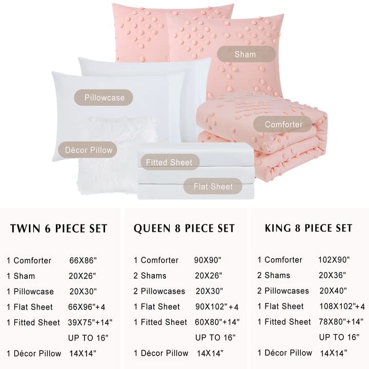 Geniospin Twin Comforter Set 6 Pieces, Bed in A Bag with Comforters, Sheets, Pillowcases & Shams - Pom Tufted Design Microfiber, All Season Down Alternative Bedding Sets (Pink, 66 x 86 Inches)